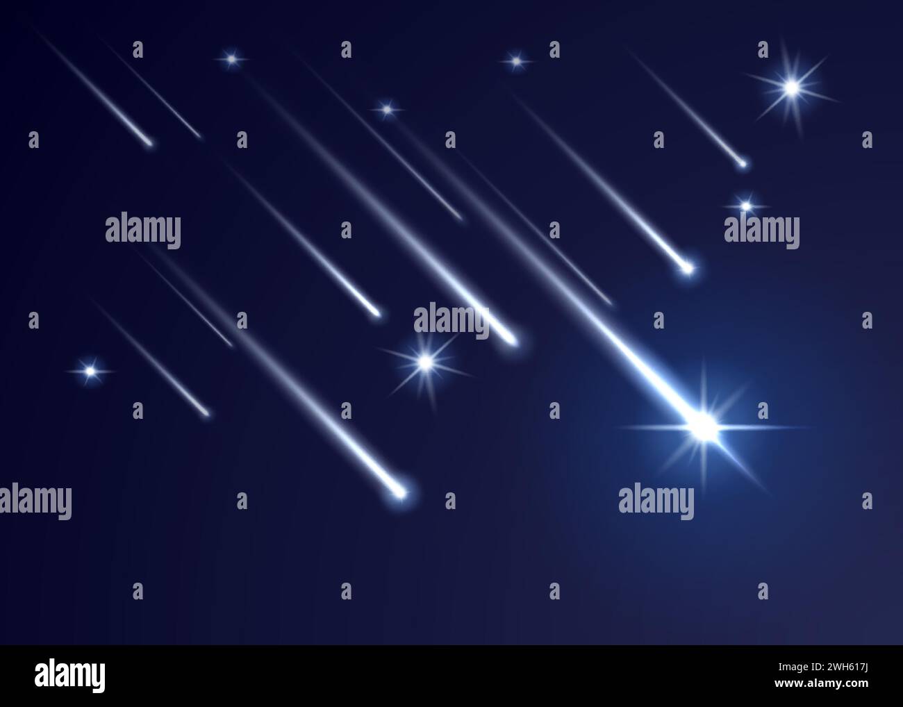 Sky shooting stars with trails, realistic falling comets and meteors. 3d vector asteroids and ...