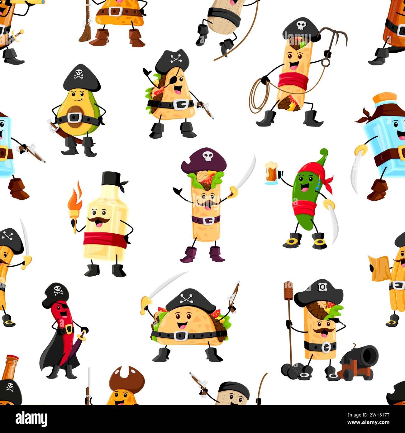 Cartoon pirate and corsair tex mex mexican characters seamless pattern ...