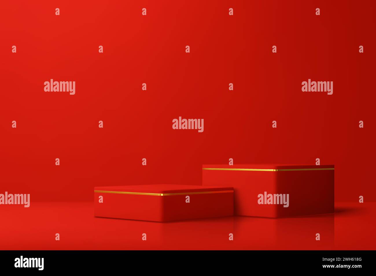 Red cube rectangle chinese podium stage with golden rings. Lunar New ...
