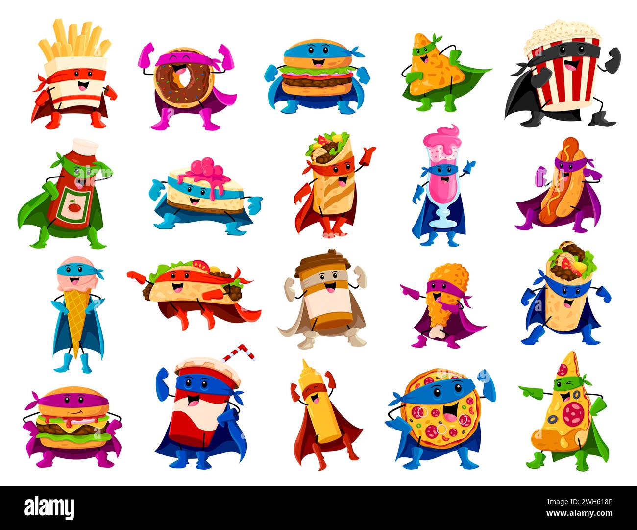 Cartoon fast food superhero characters. Vector french fries, donut ...