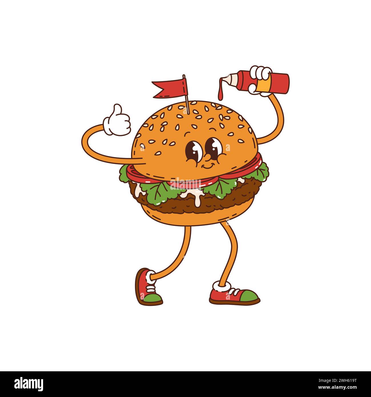 Groovy cartoon funny burger character in comic art or hippie style ...