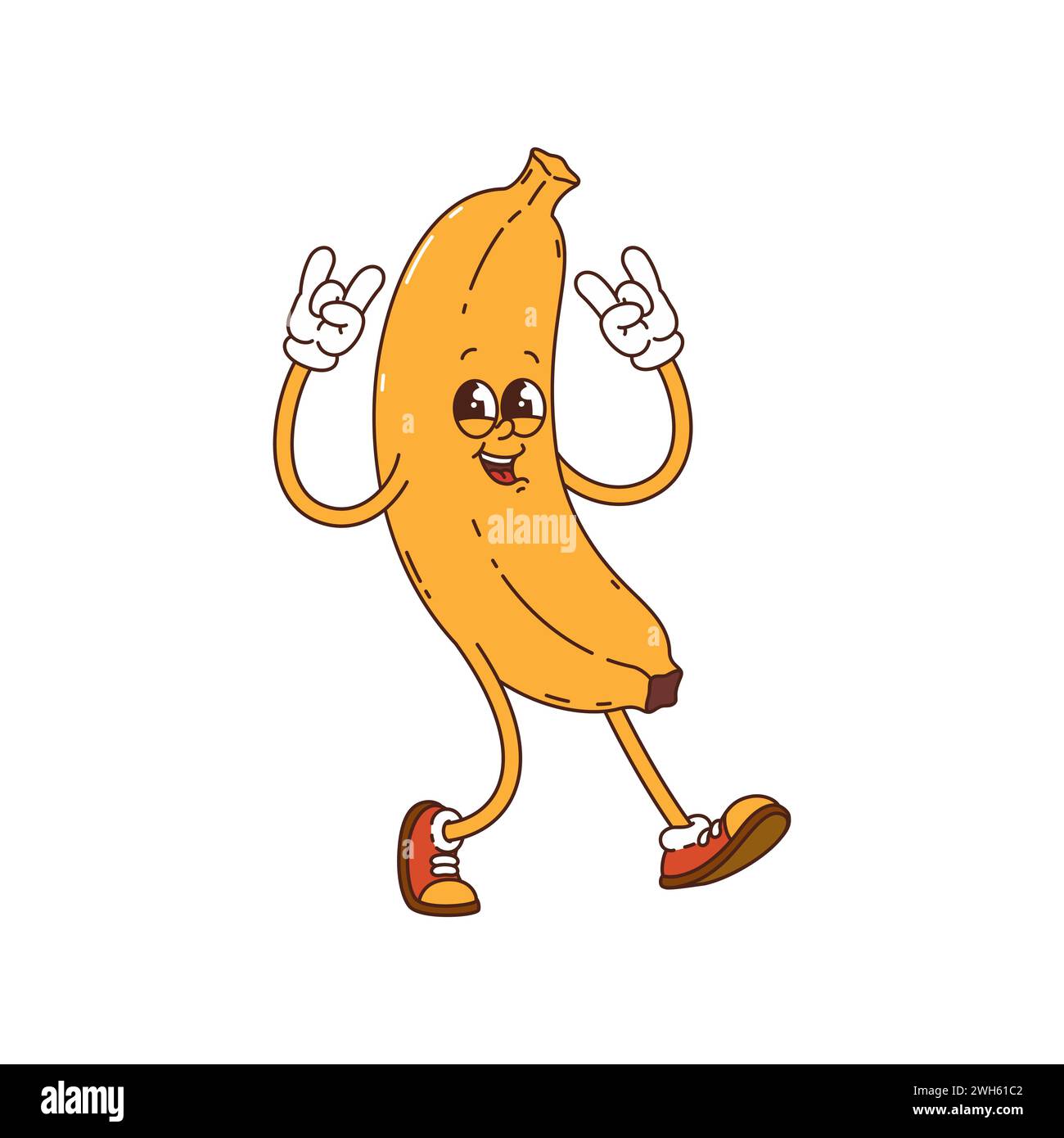 Groovy cartoon banana character in hippie comic art, vector funky ...