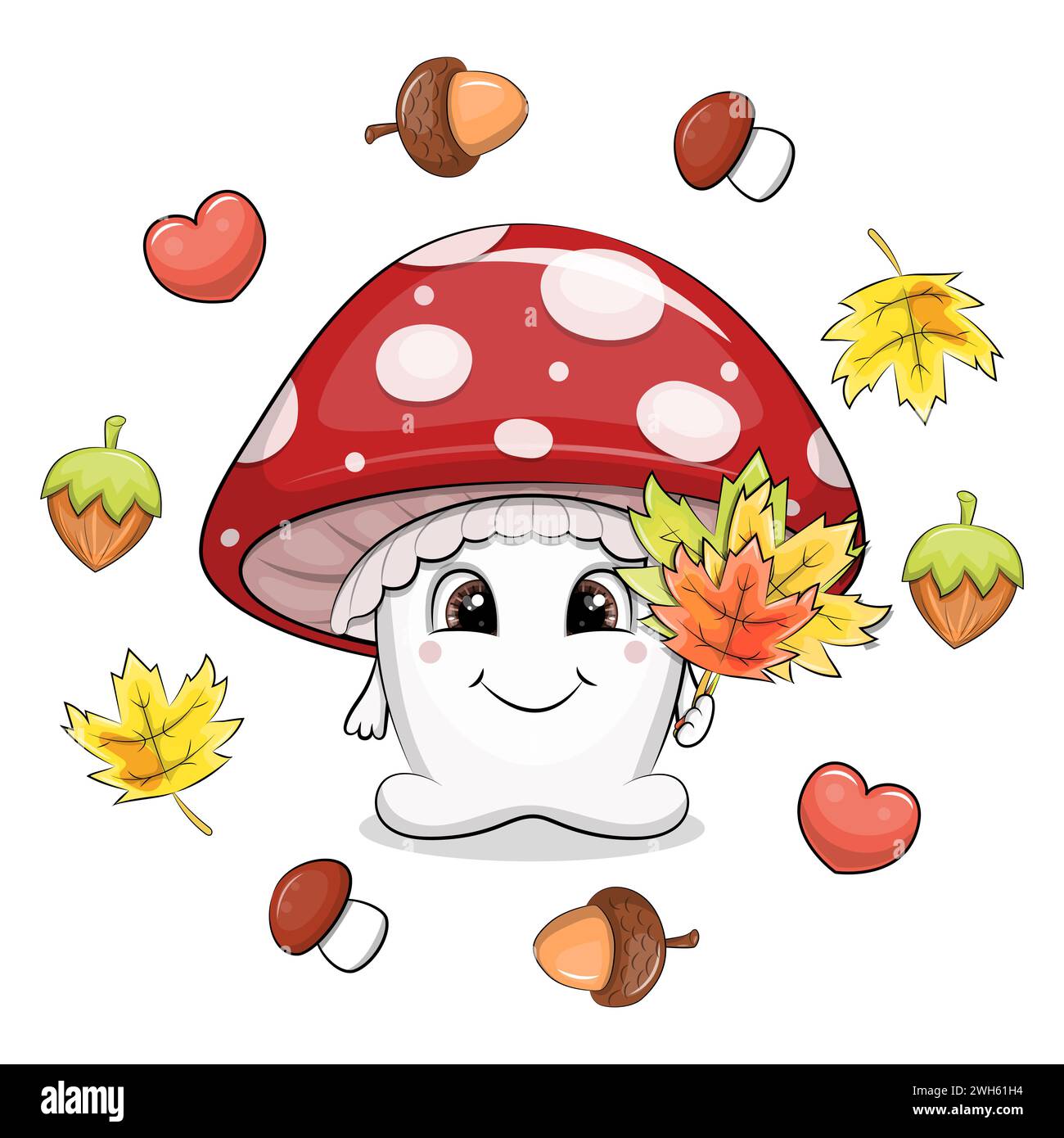 Cute cartoon red mushroom in autumn frame. Vector illustration of fly ...