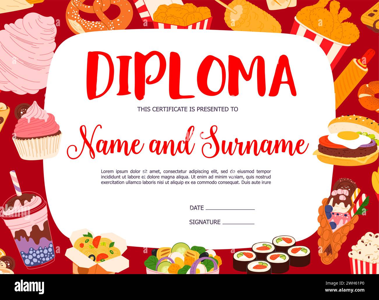 Diploma template. Fast food, desserts and drinks vector background frame of achievement ...