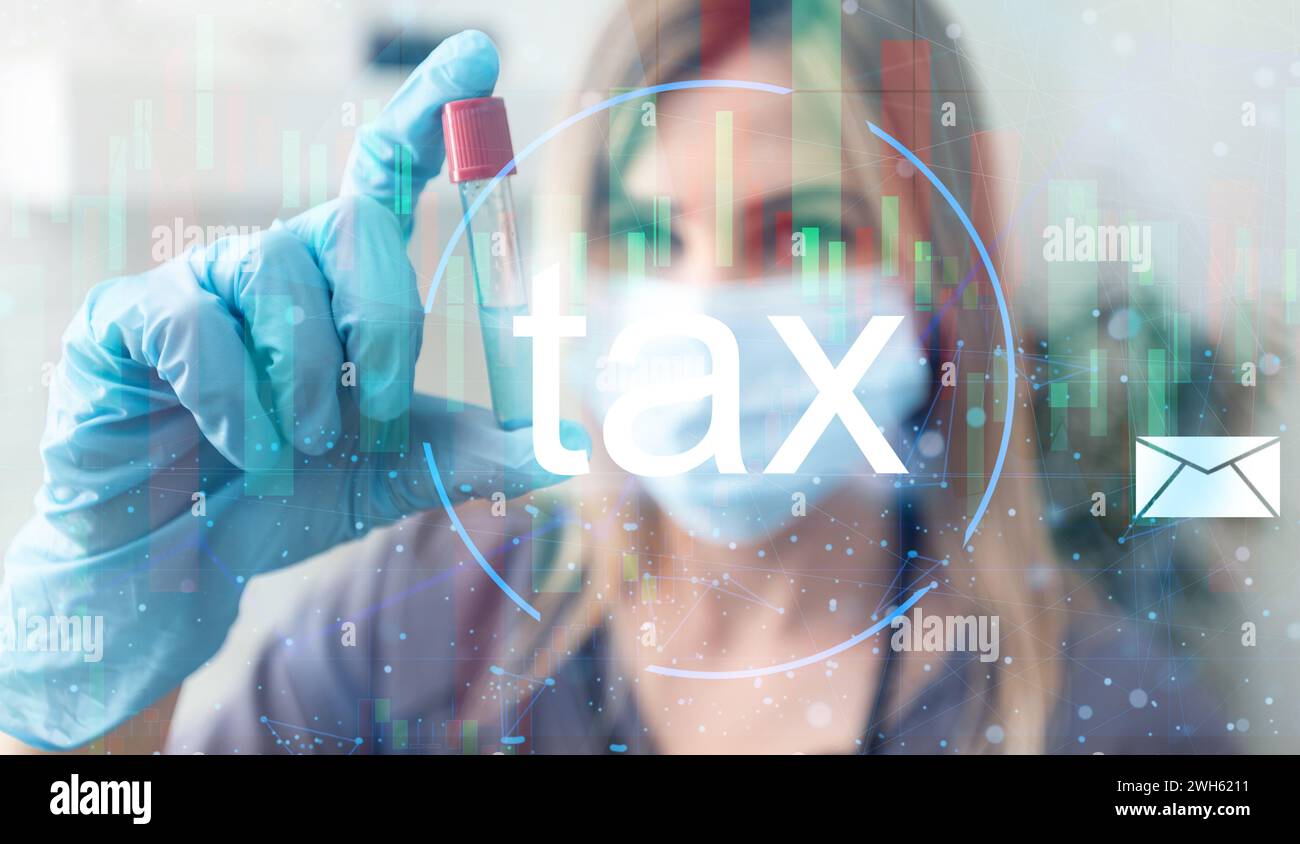 Doctor using innovative virtual touchscreen presses tax button healthcare network on internet ...