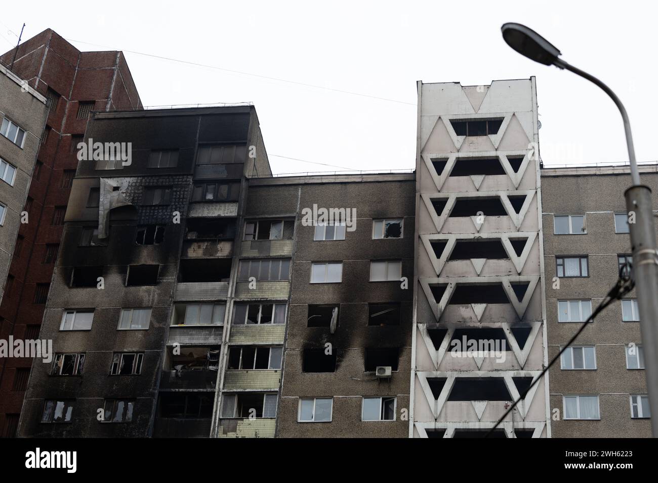 Kyiv, Ukraine. 07th Feb, 2024. A building damaged by falling debris of ...