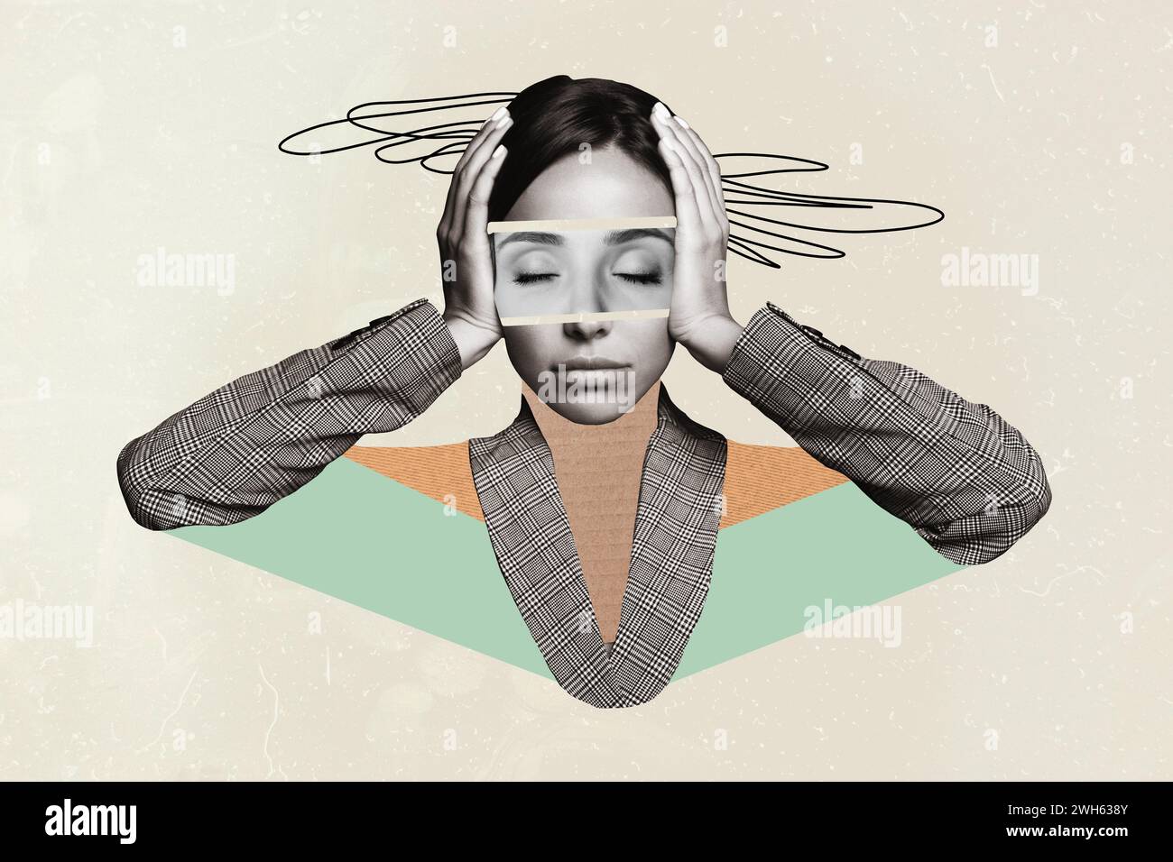 Creative artwork strange collage of woman touch head suffer terrible ...