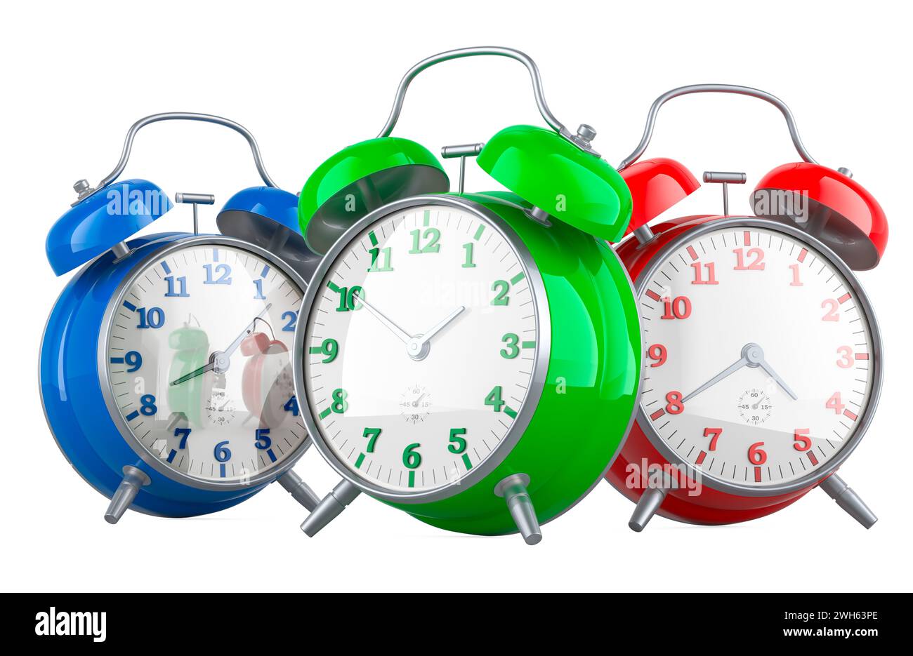Colored alarm clocks, 3D rendering isolated on white background Stock ...