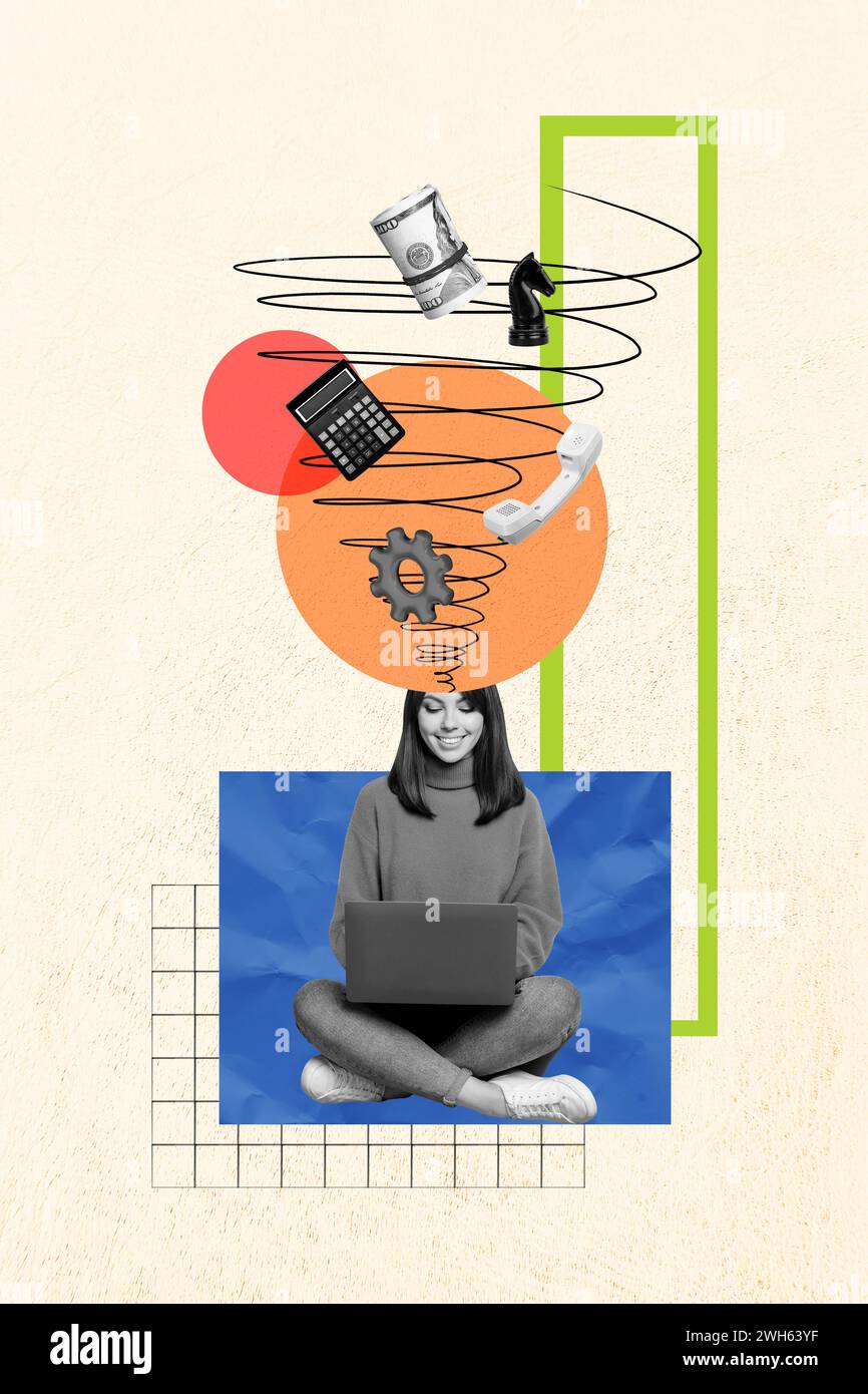 Collage picture of busy working woman solving taks isolated on drawing ...