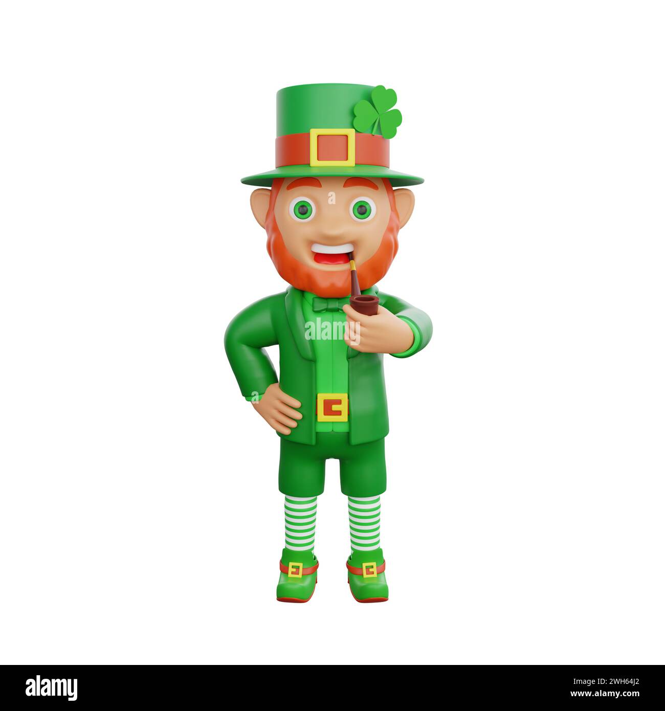 3D illustration of a joyful leprechaun holding a pipe, perfect for St ...