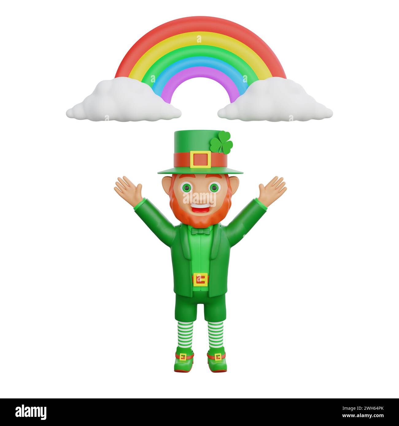 3D illustration of a cheerful leprechaun celebrating under a colorful ...