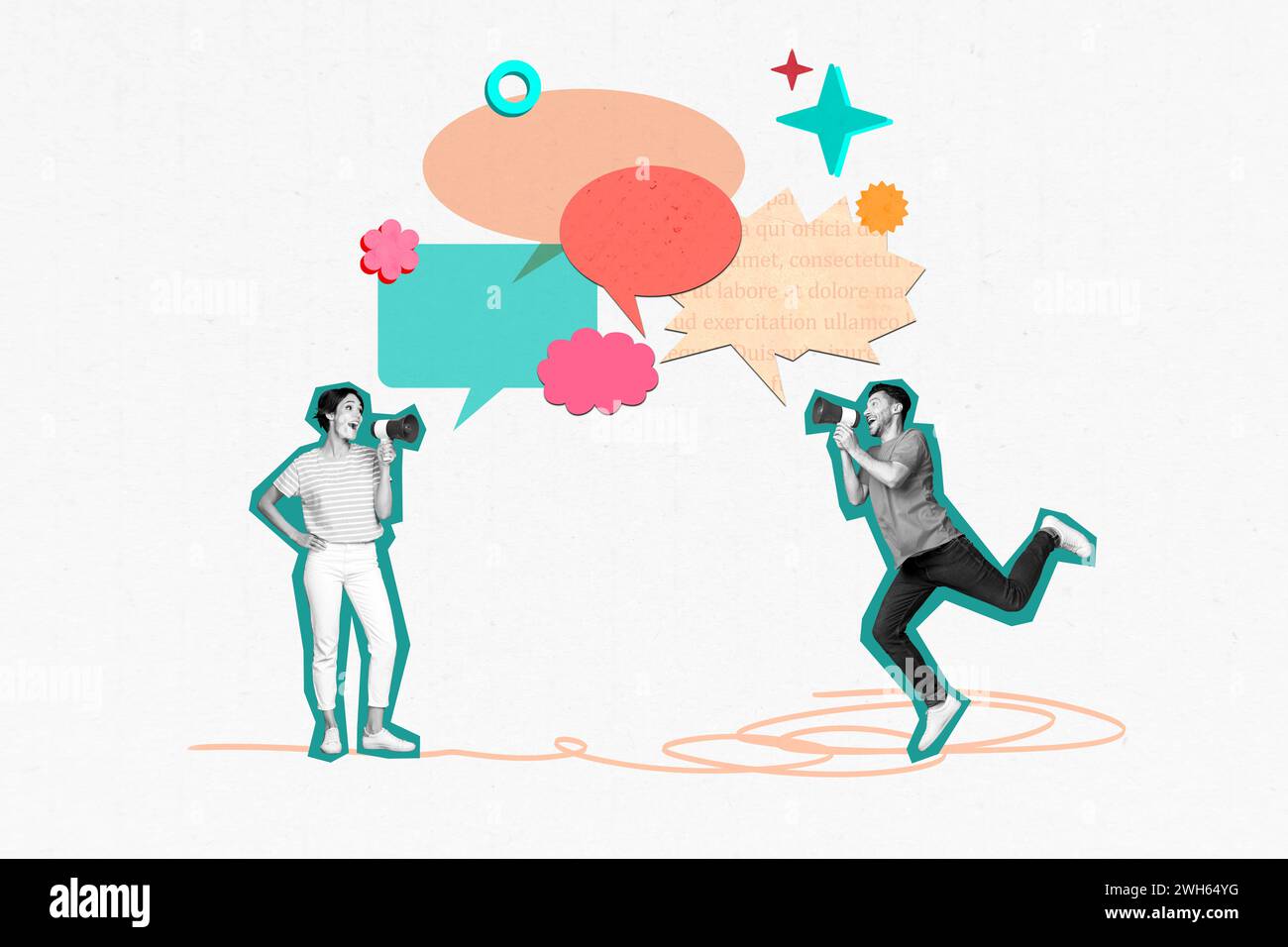 Horizontal funny artwork photo collage of two friends woman man hold ...