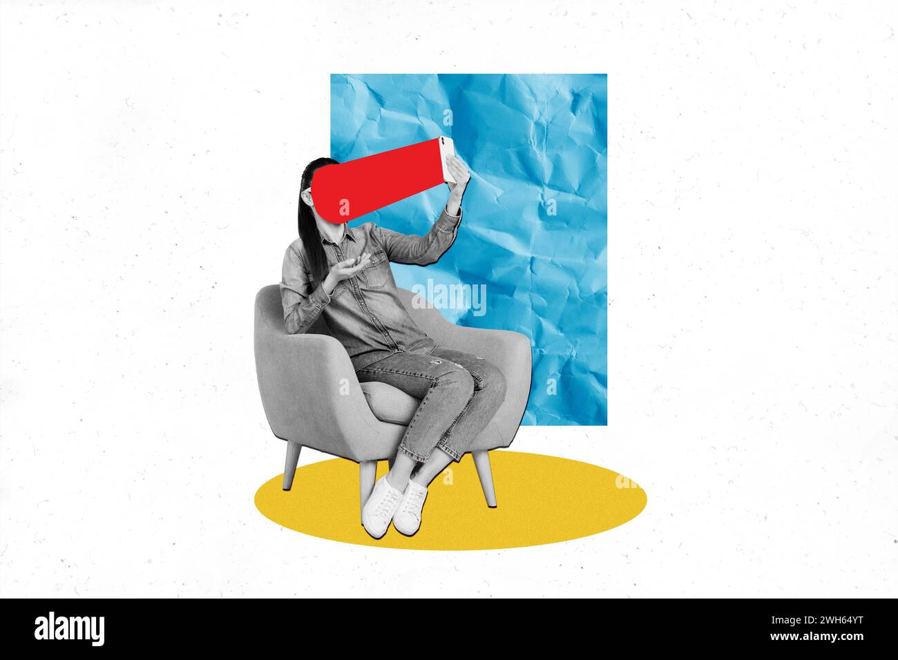 Collage 3d pinup pop retro sketch image of addicted modern device user ...