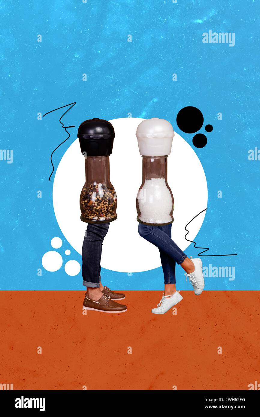 Vertical weird absurd photo collage of two people as salt and pepper ...