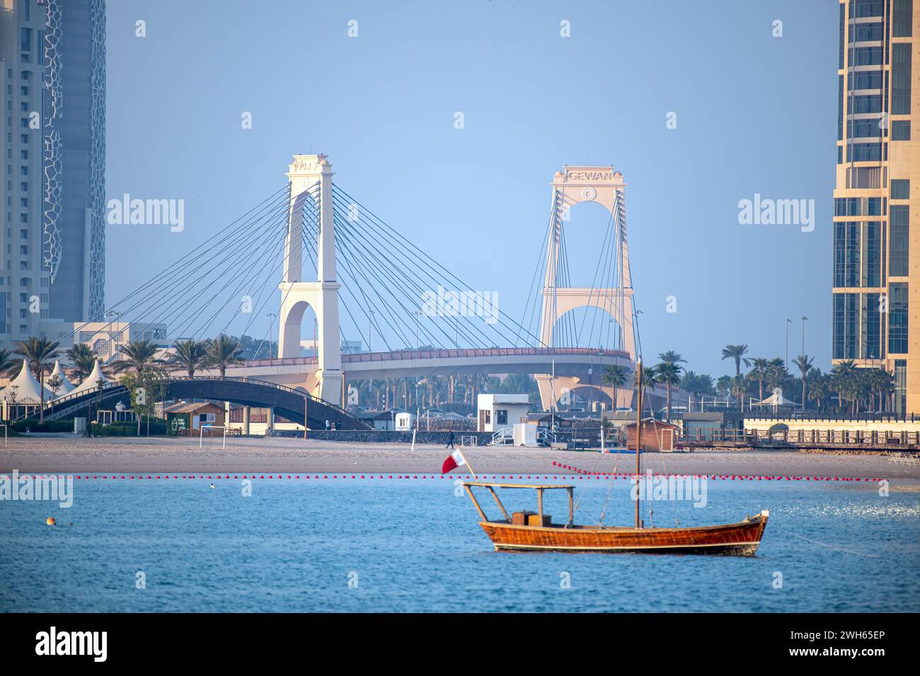 Doha, Qatar - February 01, 2024: Gewan bridge in the entrance of pearl ...