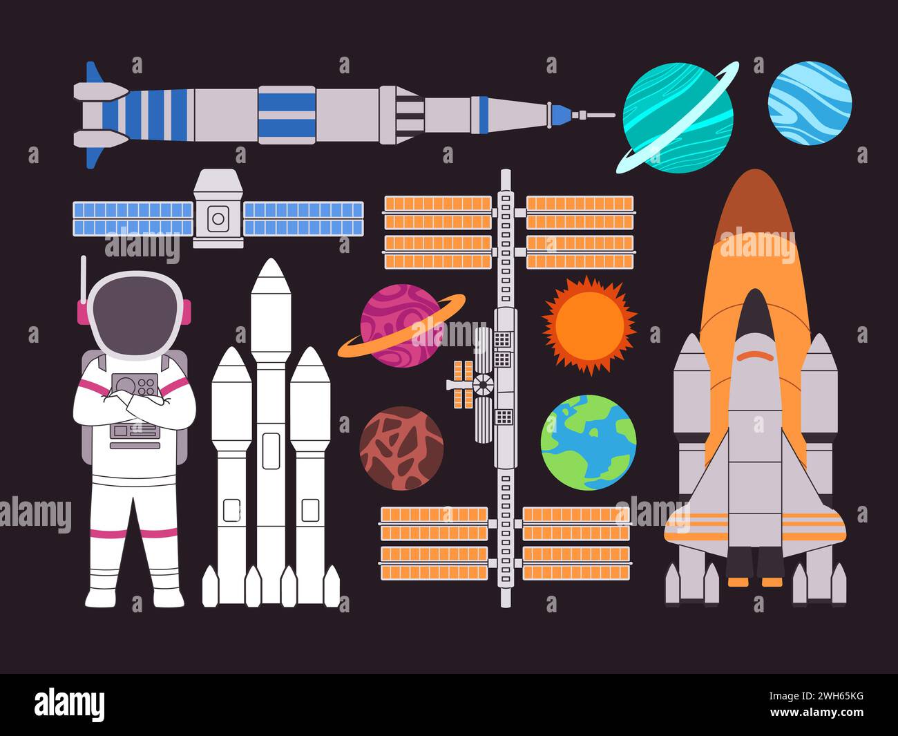 astronaut costume with planet satellite and rocket galaxy universe space environment Stock ...