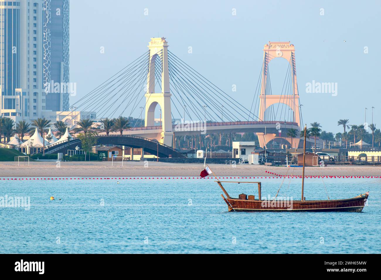 Doha, Qatar - February 01, 2024: Gewan bridge in the entrance of pearl ...