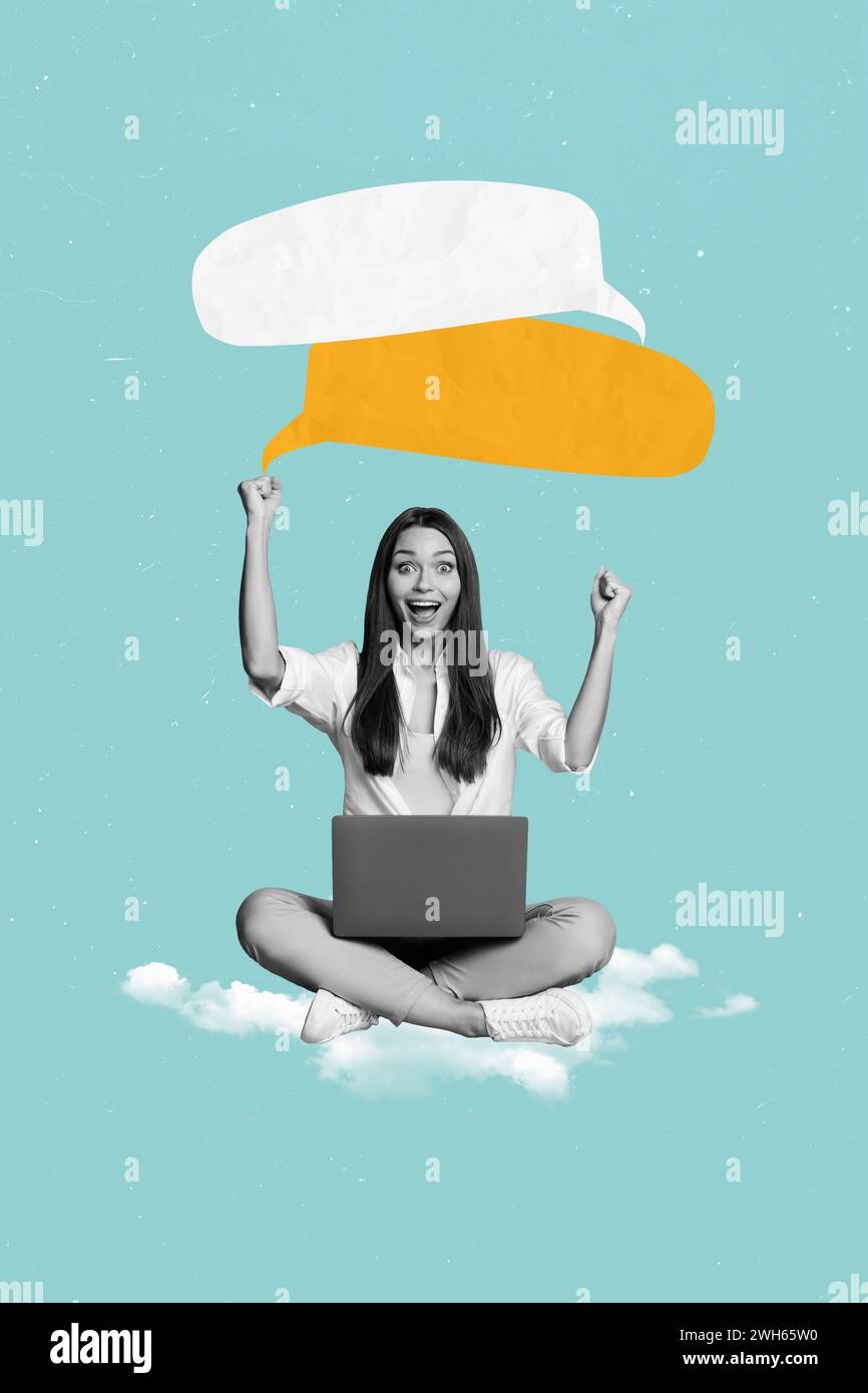 Composite Collage Picture Image Of Funny Female Celebrate Raise Fists Winning Netbook Chatting