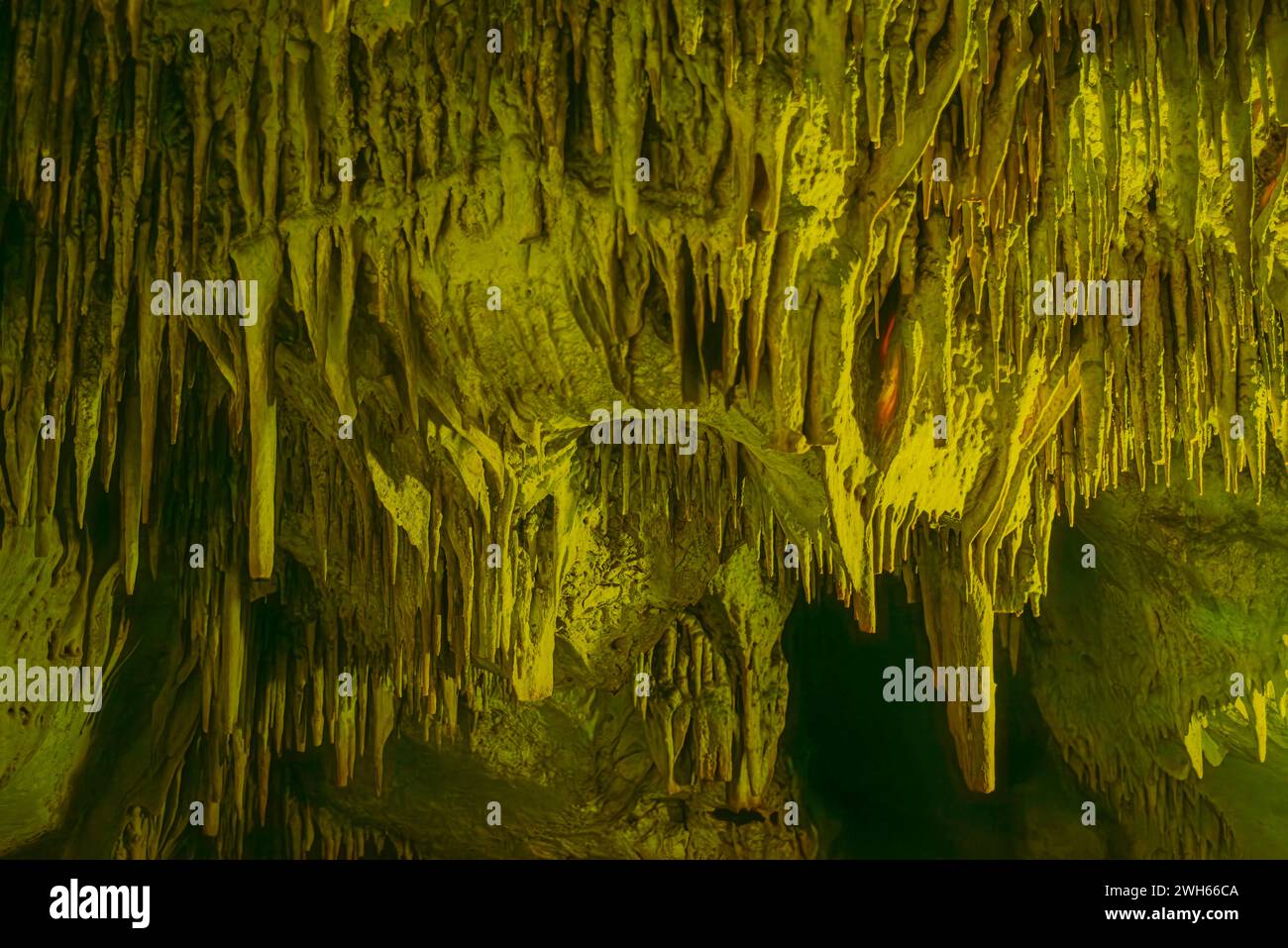 Journey through a vibrant cave adorned with colorful walls, stalactites ...