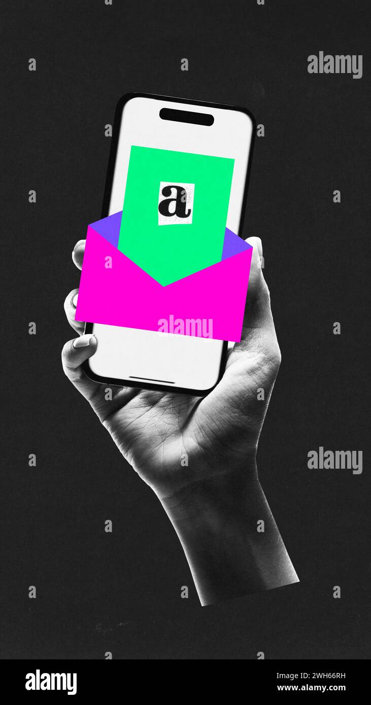 Modern aesthetic artwork. Hand holding smartphone with envelope ...