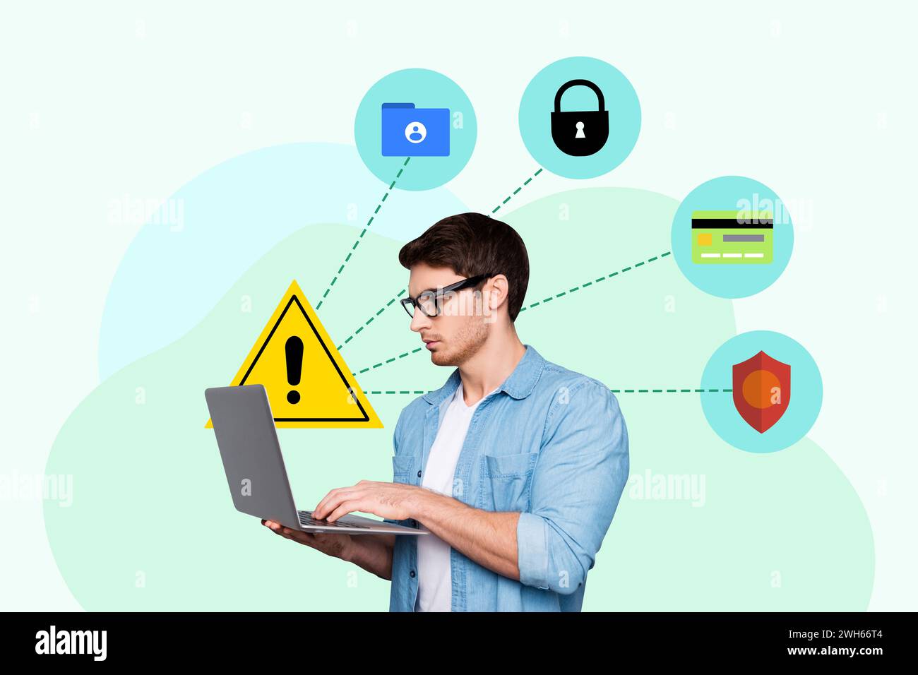 Creative collage image young smart man programmer browsing laptop cyber ...