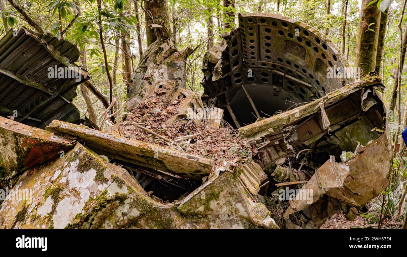 The wreckage of a crashed small passenger plane. the plane fell to the ...