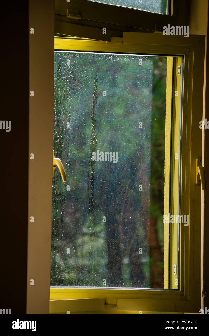 A warm and cozy view through the yellow window inside, where sunlight ...