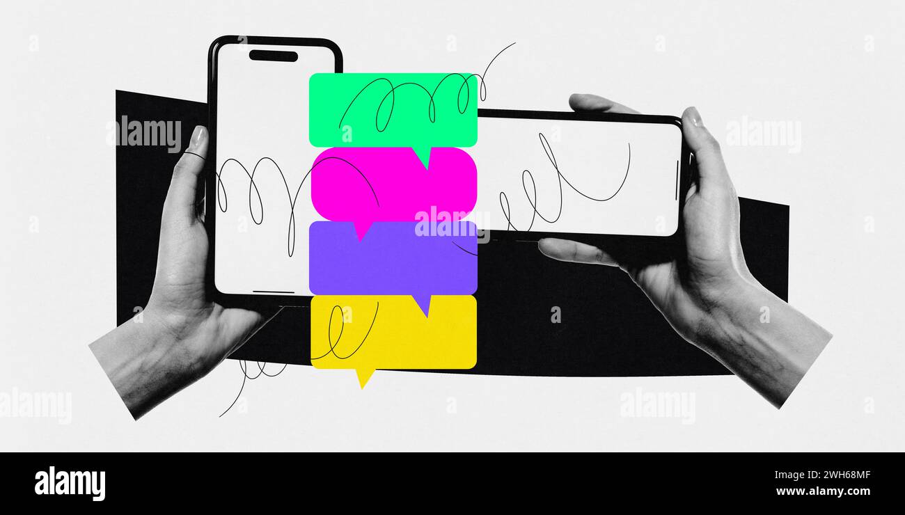 Modern aesthetic artwork. Two hands holding smartphones with colorful ...