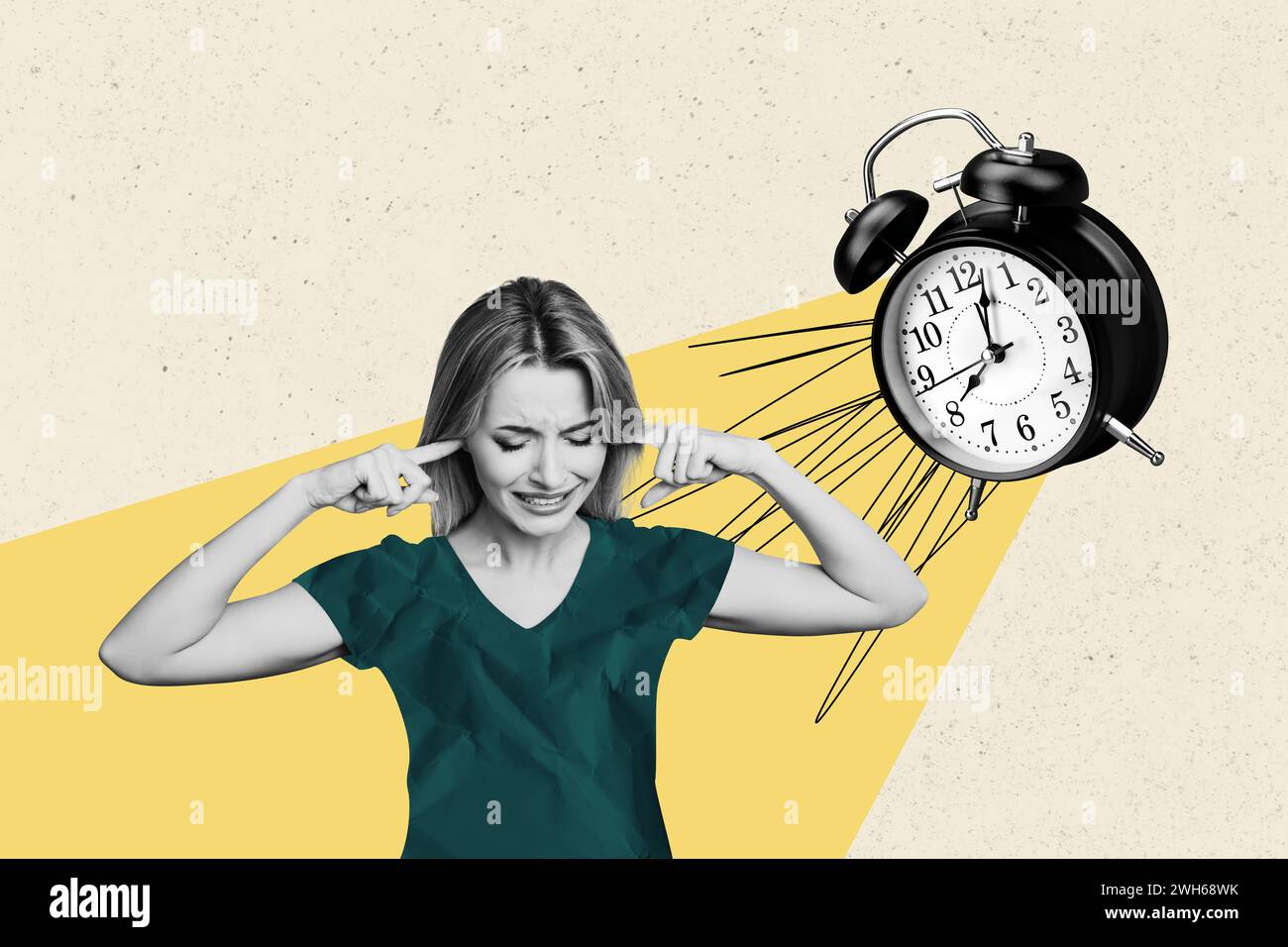 Photo image colage young girl suffer alarm bell time punctuality miss ...