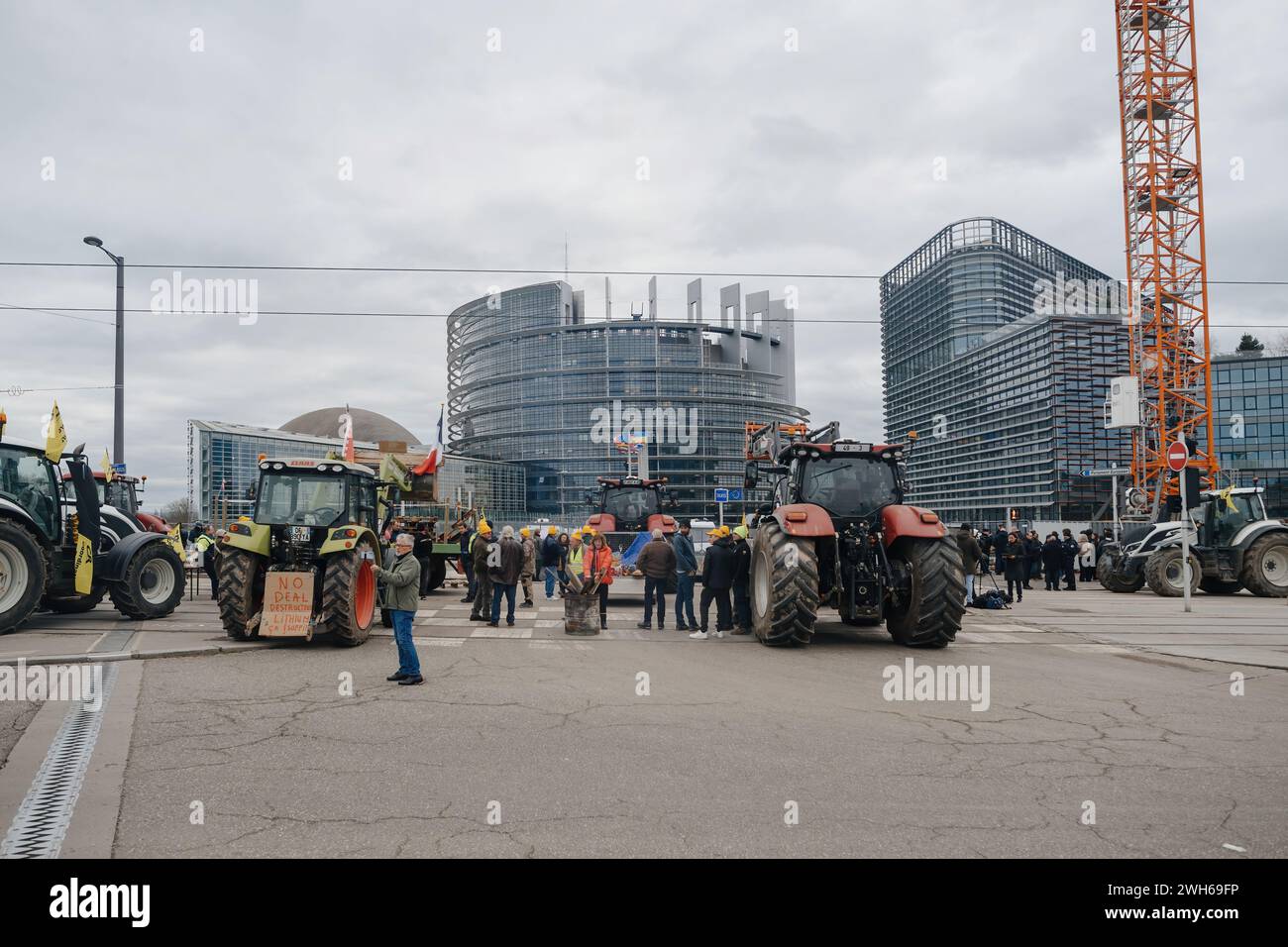Strasbourg, France - Feb 6, 2024: Demonstrators employ tractors to ...