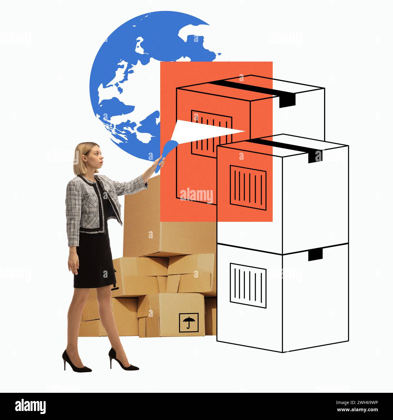 Woman scanning barcode on boxes with world map in background ...