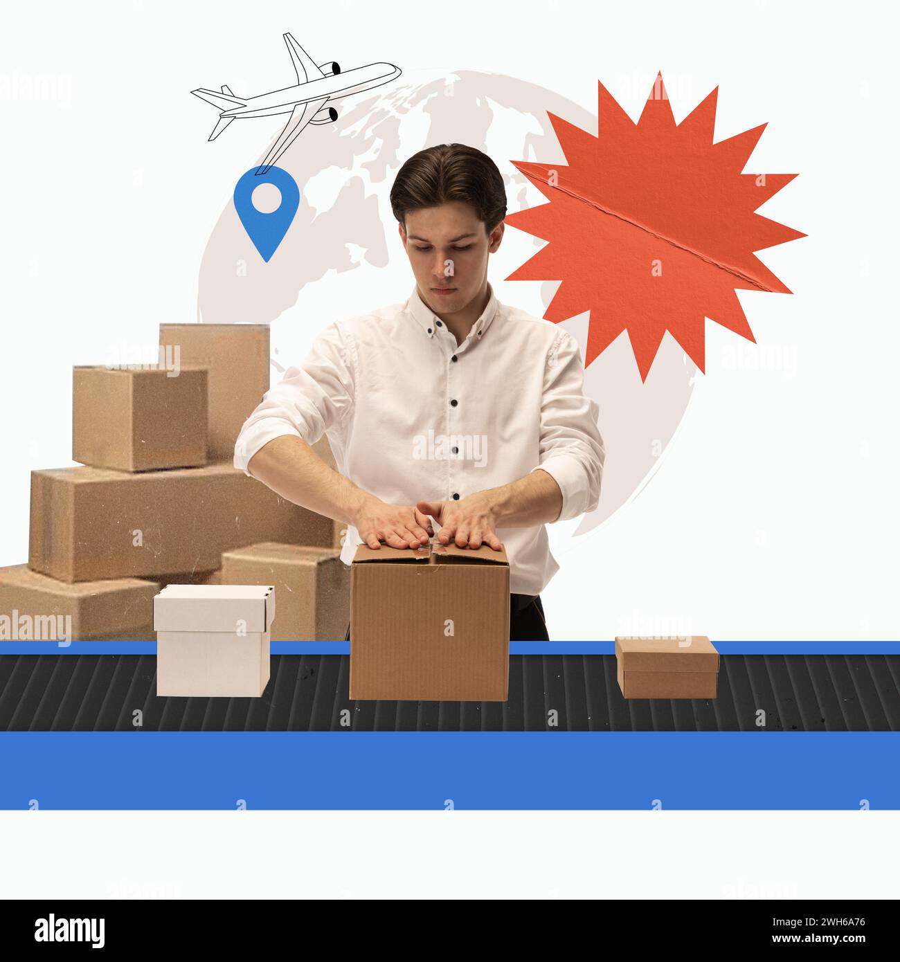 Man sealing cardboard box on conveyor belt with airplane and location ...