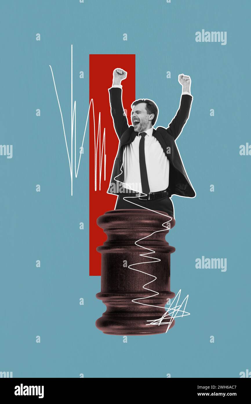 Creative poster collage of excited man winning judgement court lawyer ...