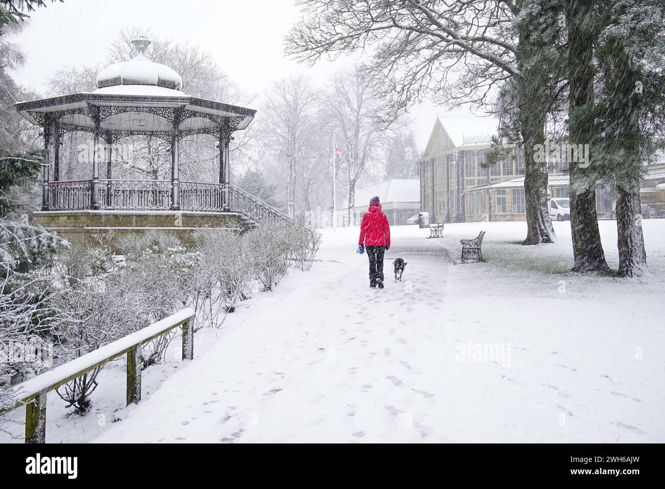 A person walks a dog through Pavilion Gardens, Buxton, Peak District ...