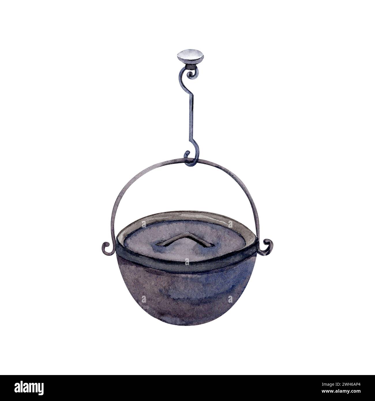 Iron cooking pot, cauldron with handle. Camping fire equipment. Hand ...