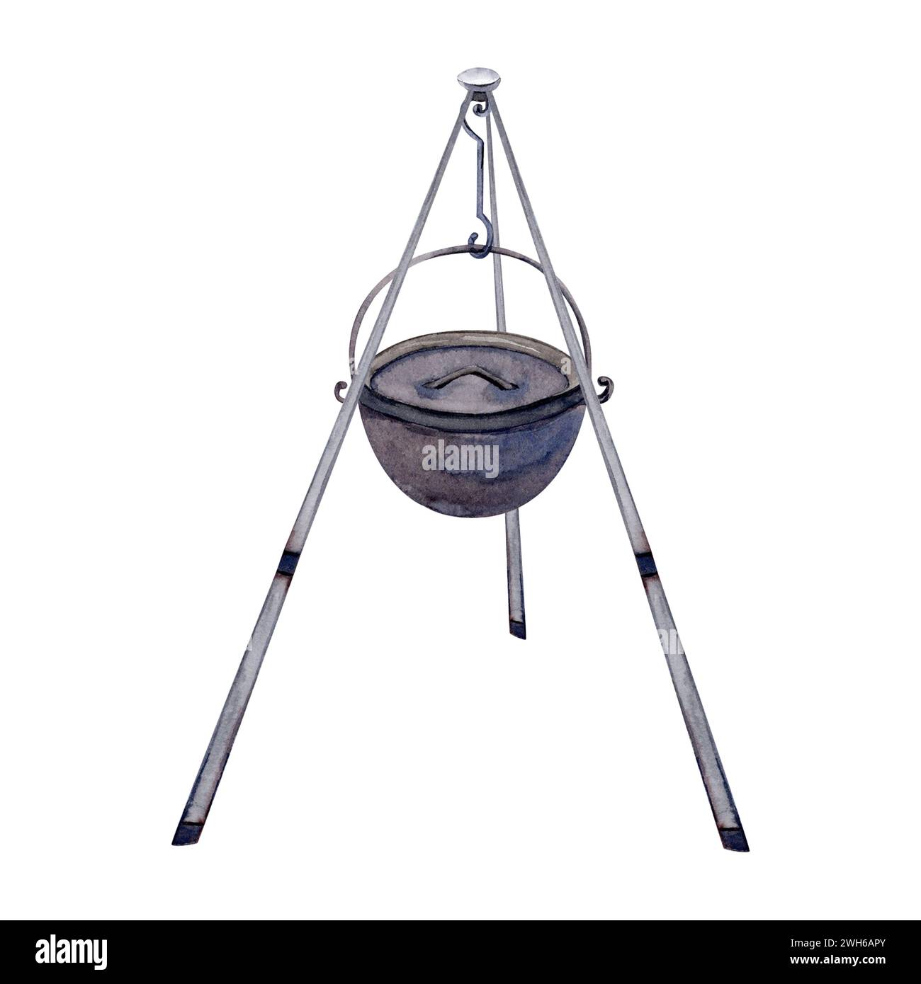 Iron cooking pot, cauldron with handle on stand. Camping fire equipment ...