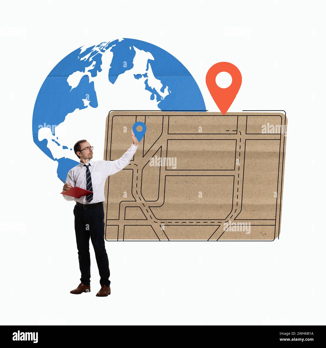 Man checking delivery road and putting location mark on destination ...