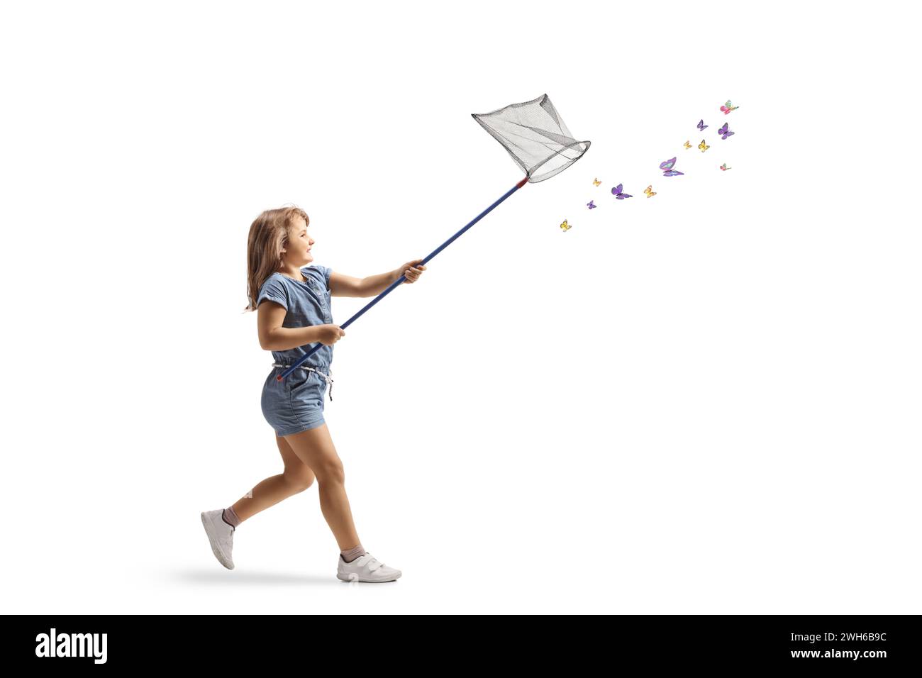 Little girl running and catching butterflies with a net isolated on ...