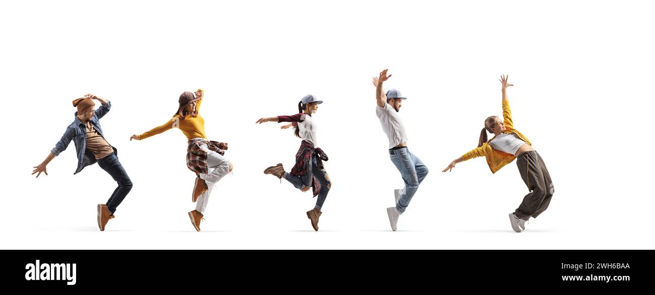 Young men and women dancing in a line isolated on white background ...