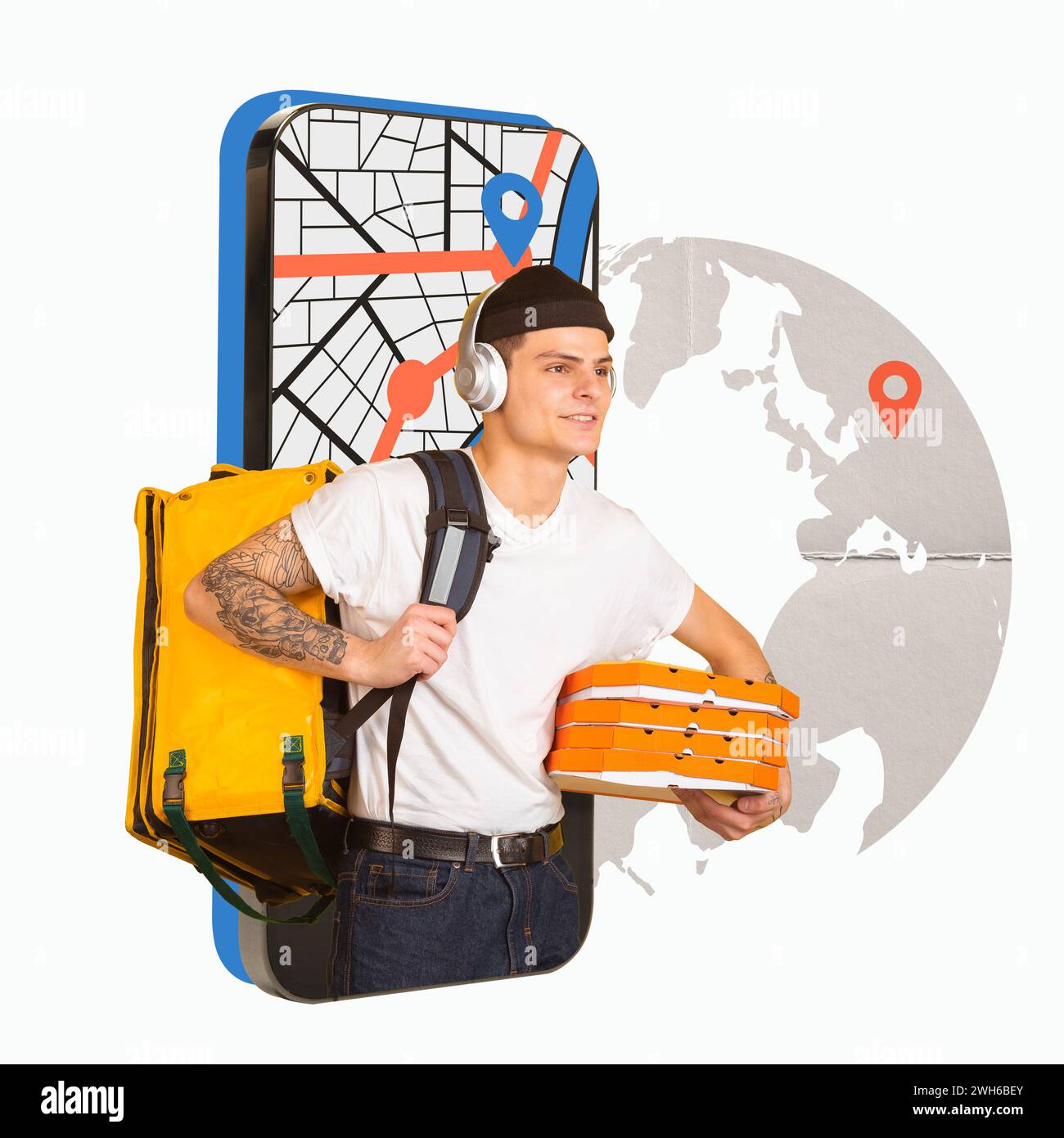 Man, courier standing with pizza boxes over phone screen showing map ...
