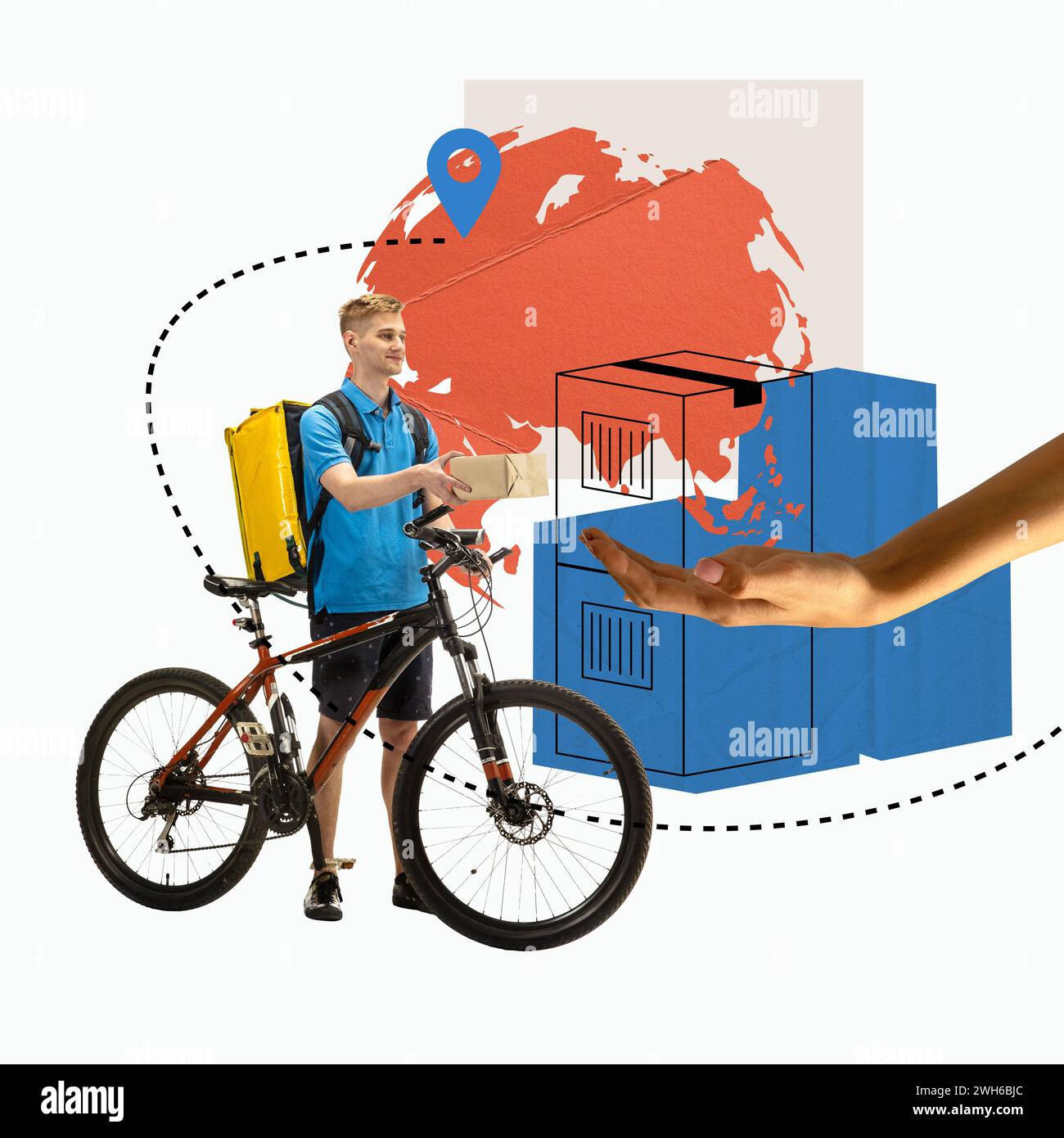 Courier man on bicycle delivering box over location pin and map ...