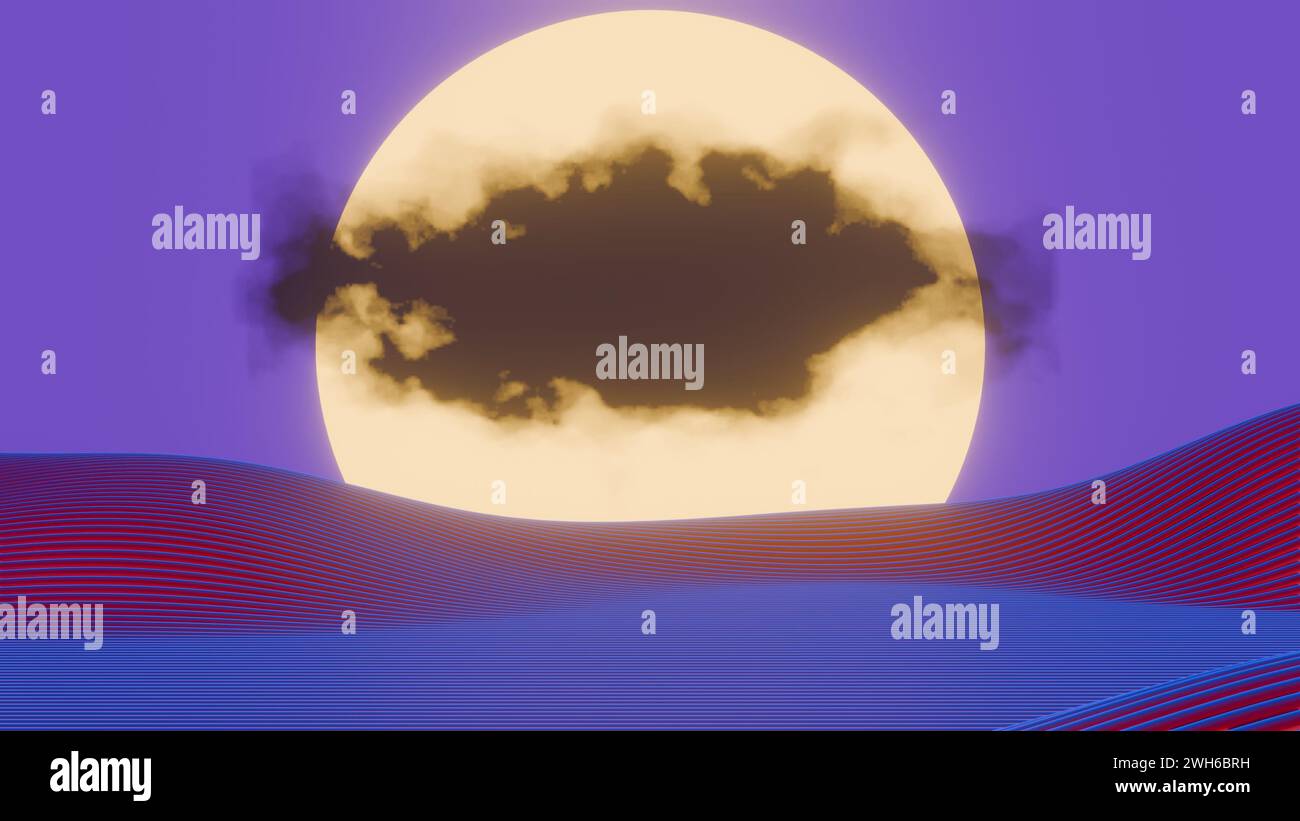 This 3D image features a minimalist design of a retro wave landscape ...