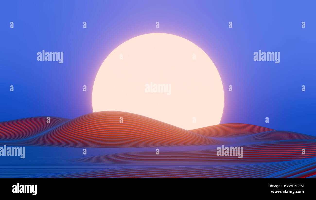 This 3D image features a minimalist design of a retro wave landscape ...