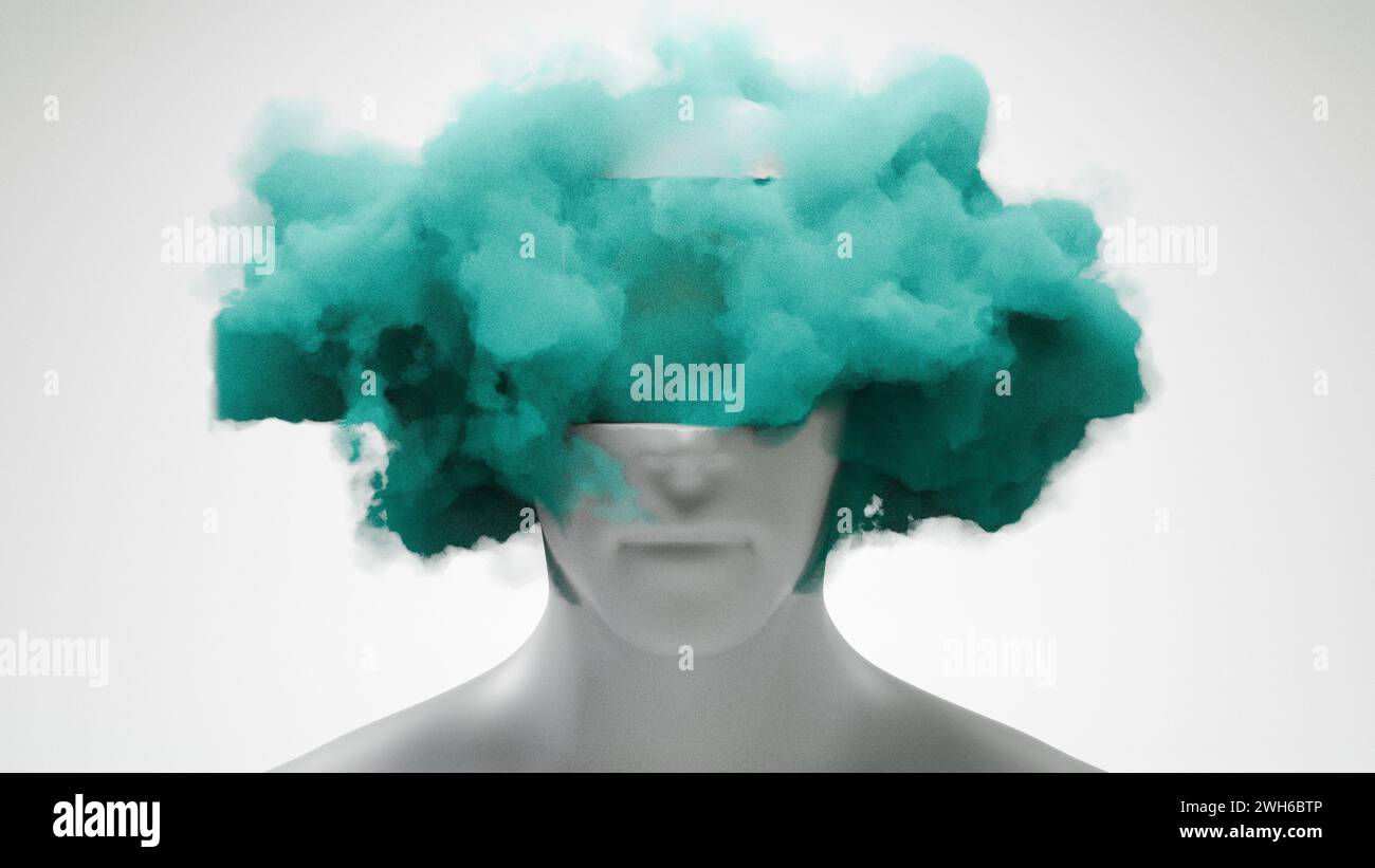 Abstract head with a hole, featuring clouds, symbolizing a blend of the ...