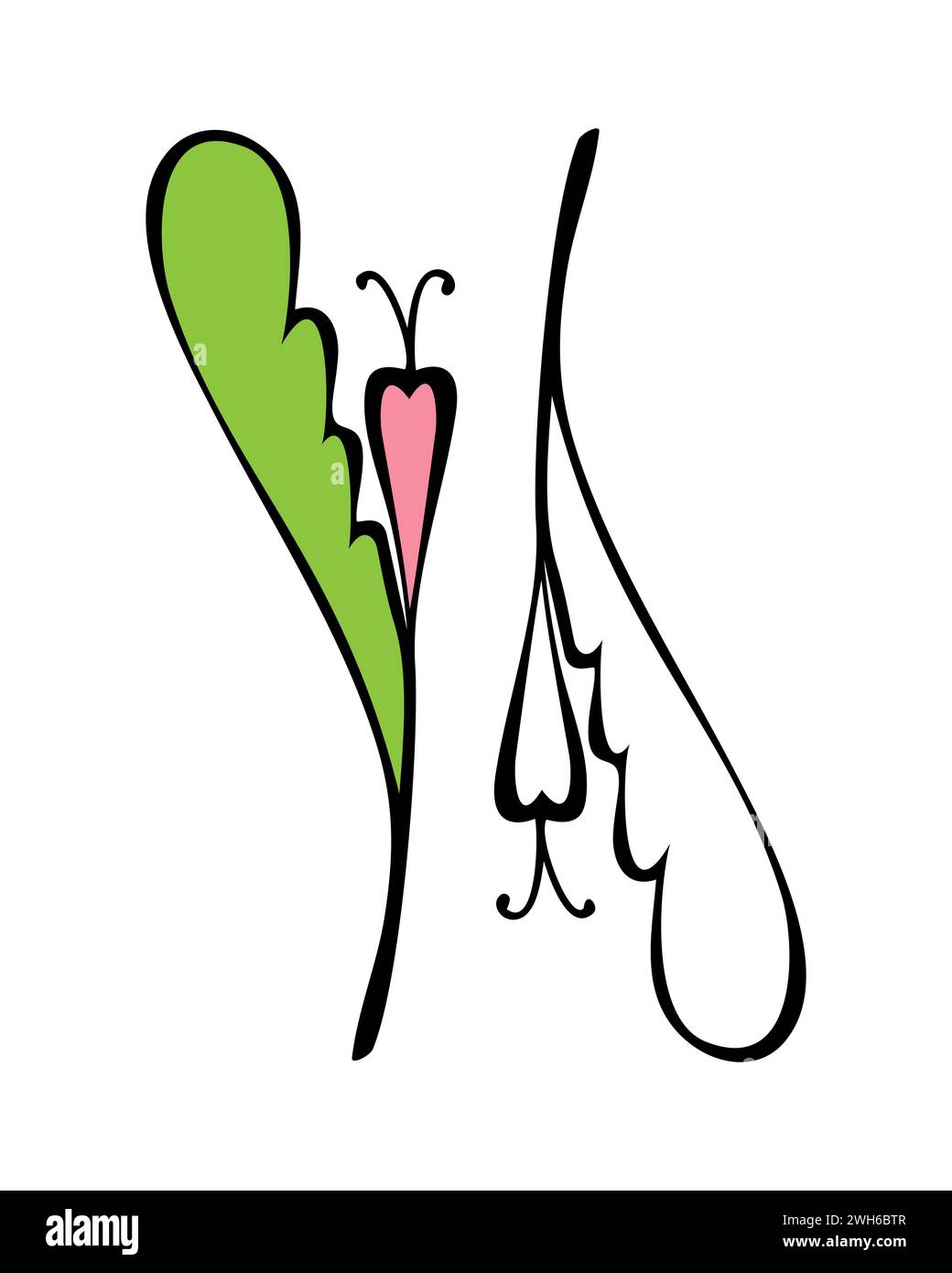 This image depicts a simple black line drawing of two elegant vines ...