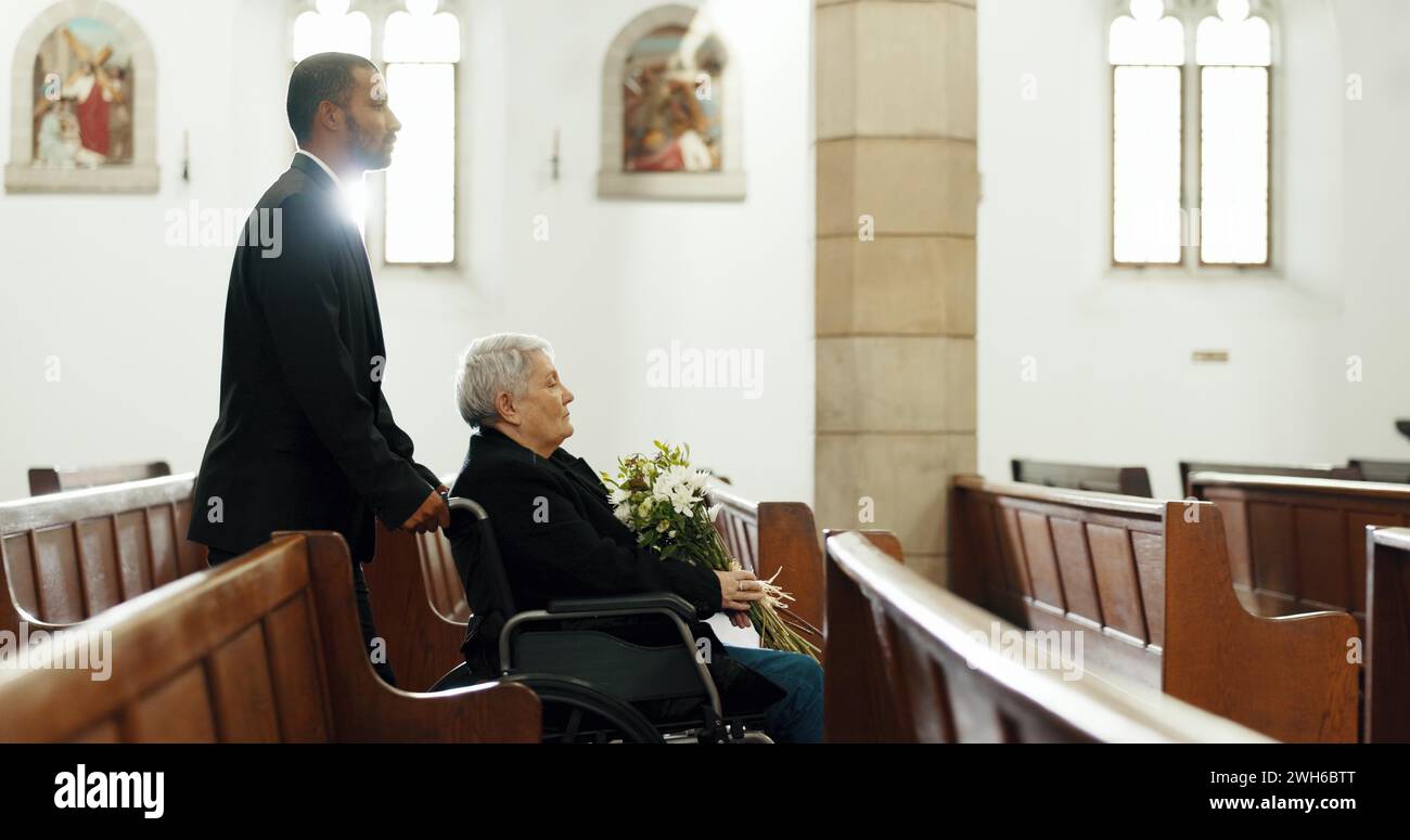 Sad, funeral and church with old woman and wheelchair user for death ...