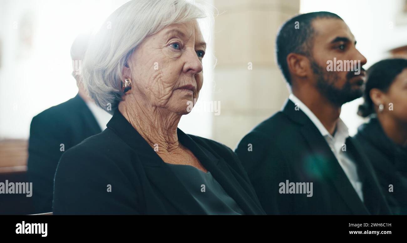 Funeral, grief and death with old woman in church for farewell ...