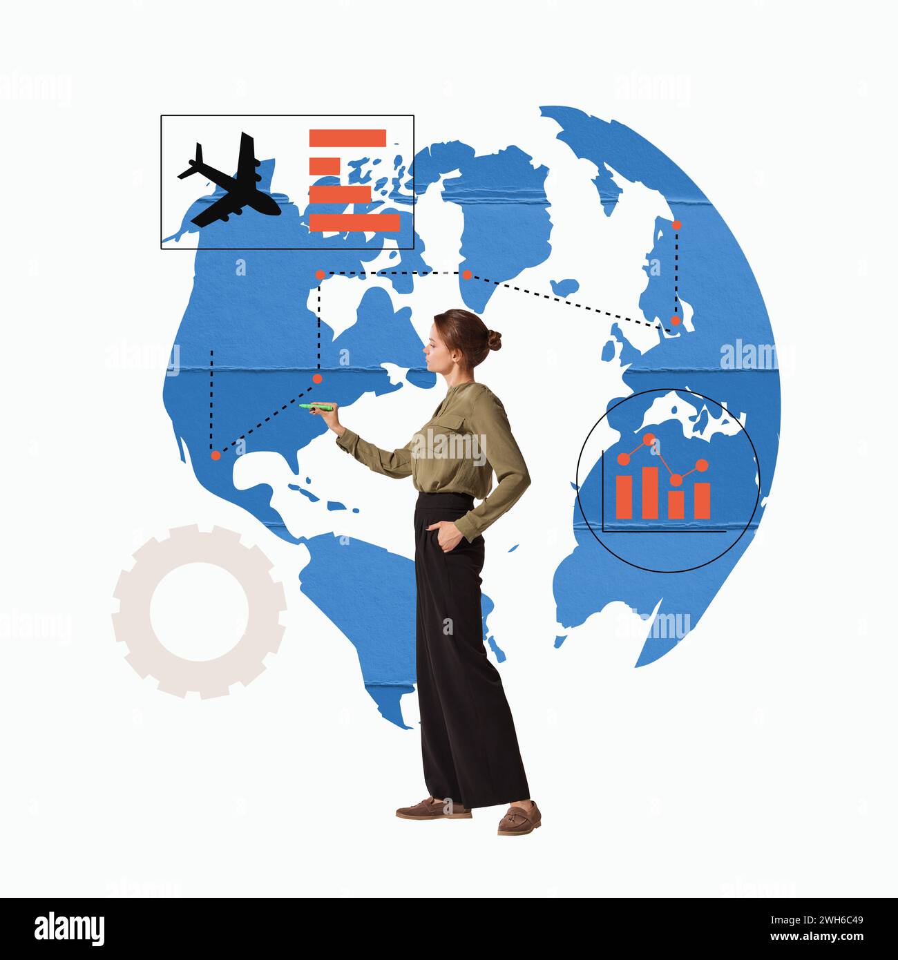 Woman drawing delivery roads over world map with statistics. Working on ...