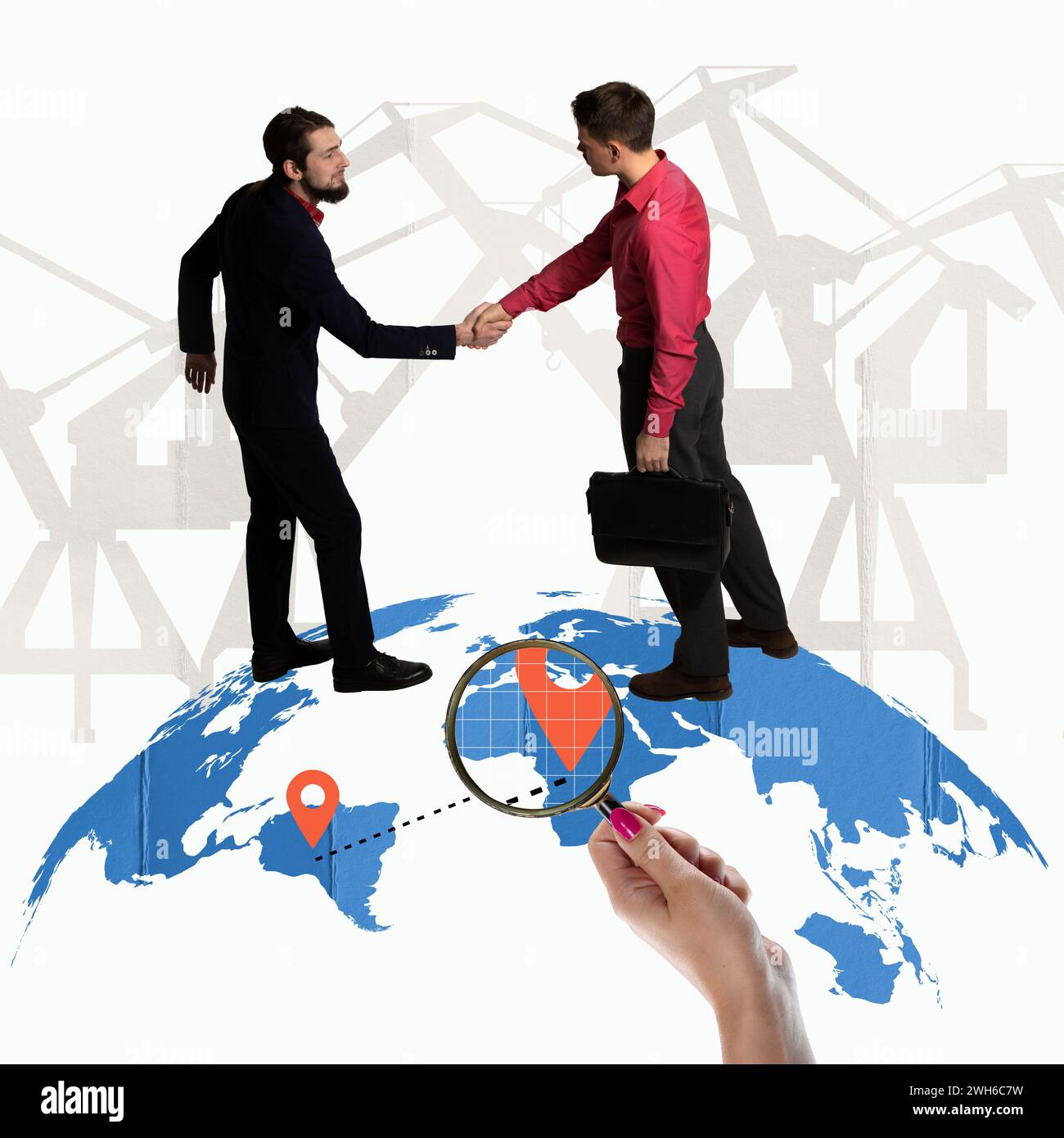 Man standing on world glove with location pin and shaking hands ...