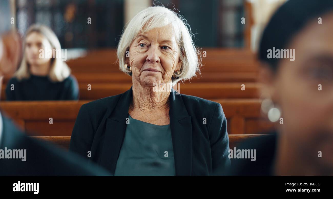 Funeral, church and senior woman for ceremony, sermon and memorial ...